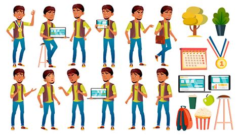 아랍 무슬림 소년 남학생 아이 포즈 벡터를 설정 합니다 고등학교 어린이 학교 학생 표현 행복 한 어린 시절 긍정적 인 사람 배너 전단지 브로셔 디자인 고립 된 만화 삽화