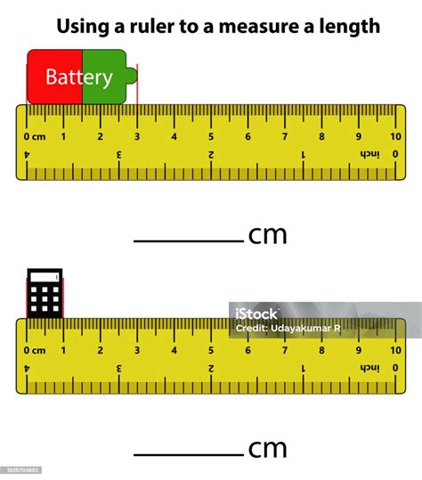 눈금자로 센티미터 배터리 및 계산기 단위로 길이를 측정합니다 교육 개발 워크시트 아이들을 위한 게임 아이들을 위한 퍼즐 벡터 그림입니다 만화 스타일 0명에 대한 스톡 벡터