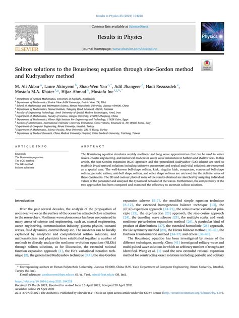 Pdf Soliton Solutions To The Boussinesq Equation Through Sine Gordon Method And Kudryashov Method