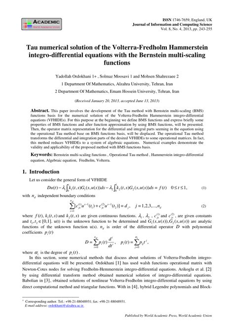 Pdf Tau Numerical Solution Of The Volterra Fredholm Hammerstein Integro Differential Equations