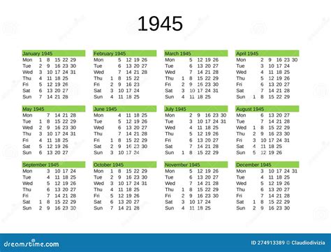 Year 1945 Calendar In English Stock Illustration Illustration Of