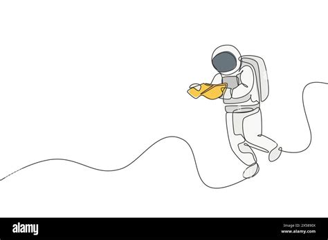 Single Continuous Line Drawing Of Floating Science Astronaut In Spacewalk Reading Space Map