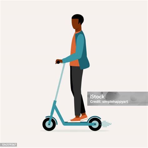 전기 스쿠터를 타고 젊은 흑인 남자 친환경 교통 E스쿠터 미세 이동성 전기 스쿠터에 대한 스톡 벡터 아트 및 기타 이미지