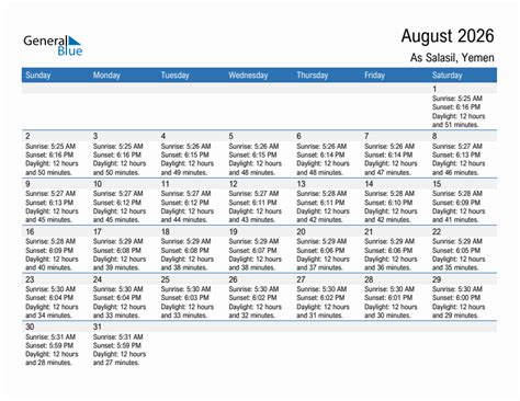 August 2026 Sunrise And Sunset Calendar For As Salasil Yemen Pdf