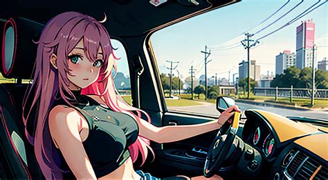 Anime Girl In A Car With A Cell Phone In Her Hand Seaart Ai