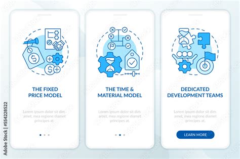 Outsourcing Contracts Types Blue Onboarding Mobile App Screen Walkthrough 3 Steps Editable