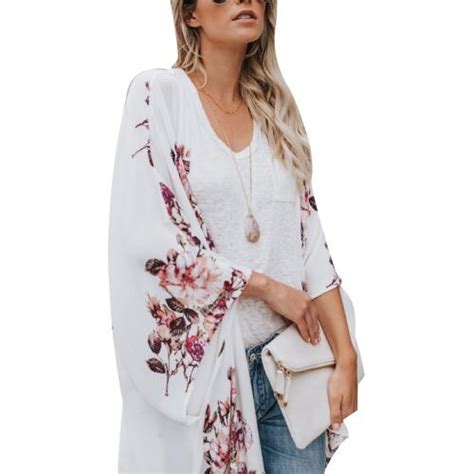 Women Summer Beach Flower Print Long Sleeve Open F Grandado