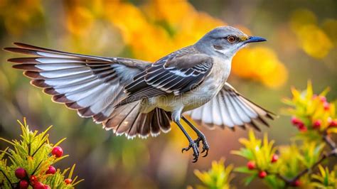 A Stunning Closeup Of A Northern Mockingbird In Flight Detailed