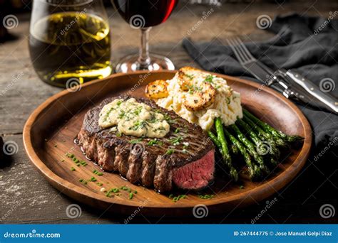 Har Grilled Ribeye With Mashed Potatoes And Asparagus And A Glass Of Red