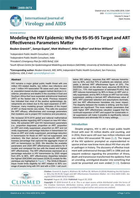 Pdf Modeling The Hiv Epidemic Why The 95 95 95 Target And Art Effectiveness Parameters Matter