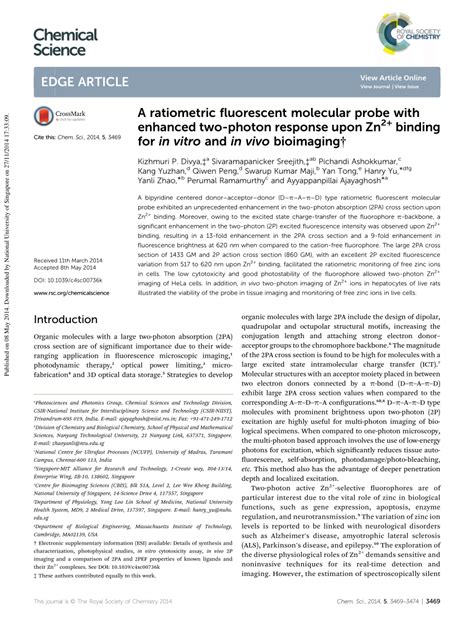 Pdf A Ratiometric Fluorescent Molecular Probe With Enhanced Two Photon Response Upon Zn2