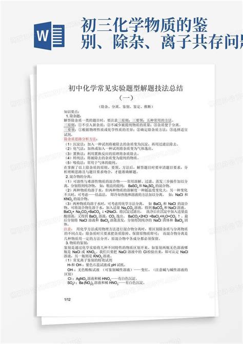初三化学物质的鉴别除杂离子共存问题Word模板下载 编号qadekxyg 熊猫办公