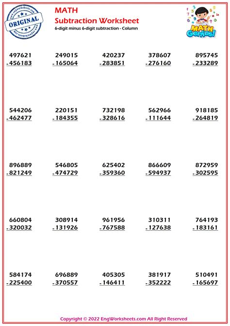 6 Digits Subtraction Worksheets And Exercise Engworksheets