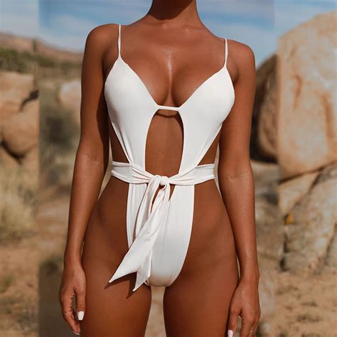 Sexy High Cut Leg Swimwear One Piece Swimsuit Women Waist Bandeau