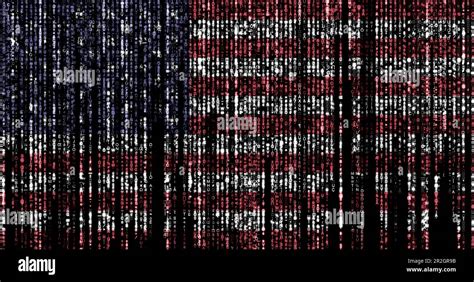 flag of usa on a computer binary codes falling from the top and fading