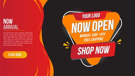 이제 검은 색 배경에 상점이나 새로운 상점 빨간색과 주황색 기호를 엽니 다 이벤트를 열기 위한 템플릿 디자인입니다 포스터 전단지 배너에 사용할 수 있습니다 개념에 대한 스톡
