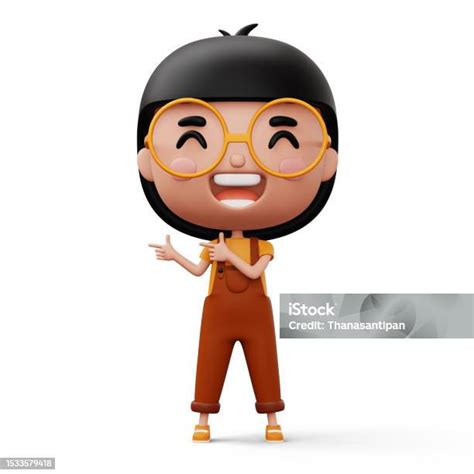 손가락을 가리키는 행복한 아이 귀여운 소녀 만화 캐릭터 3d 렌더링 가리키기에 대한 스톡 사진 및 기타 이미지 가리키기