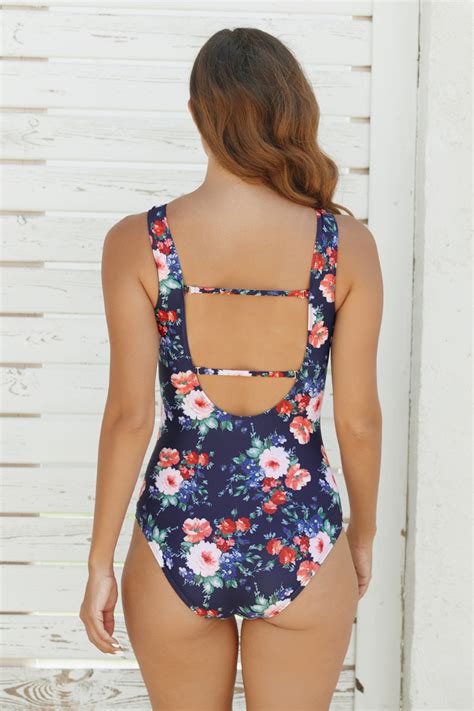 Floral Scoop Neck Backless Basic One Piece Swimsuit