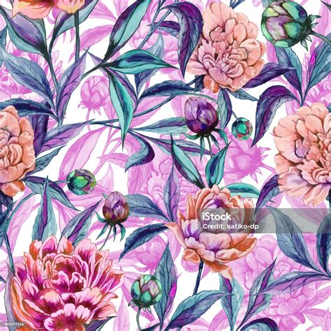 잎 꽃 봉 오리와 흰색 바탕에 분홍색 윤곽선 아름 다운 화려한 모란 꽃 완벽 한 꽃 패턴입니다 수채화 그림입니다 손으로 그린 그림 개화기에 대한 스톡 벡터 아트 및 기타