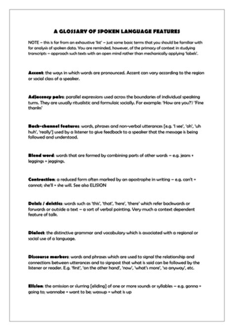 glossary of linguistic terms features of for spoken language e g