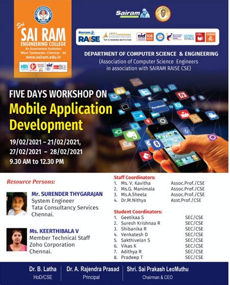 Association Of Computer Science Engineers With Sairam Cse Raise Is Conducting Days Workshop On