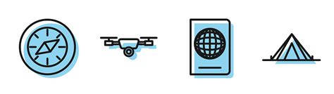 생체 인식 데이터 나침반 액션 비디오 카메라와 관광 텐트 아이콘으로 비행 무인 항공기와 라인 여권을 설정합니다 벡터 Emergency Shelter에 대한 스톡 벡터 아트