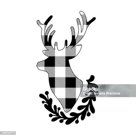 흰색 배경에 고립 된 꽃 화환사슴 버팔로 격자 무늬의 크리스마스 실루엣 검은색에 대한 스톡 벡터 아트 및 기타 이미지 검은색 공휴일 그런지 이미지 기법 Istock