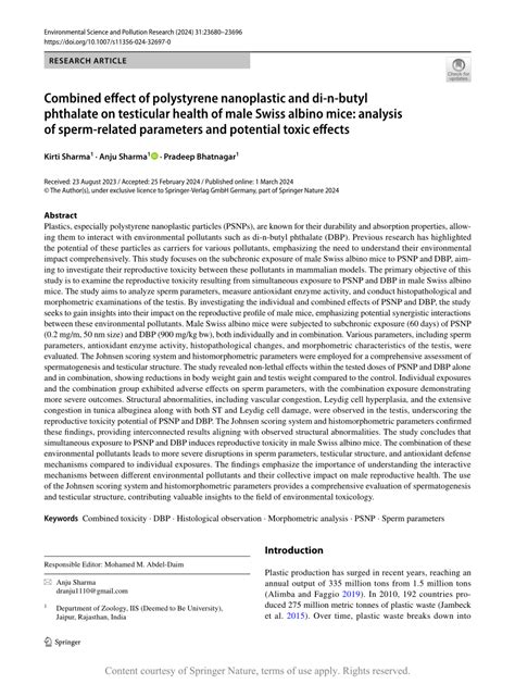 Combined Effect Of Polystyrene Nanoplastic And Di N Butyl Phthalate On Testicular Health Of Male