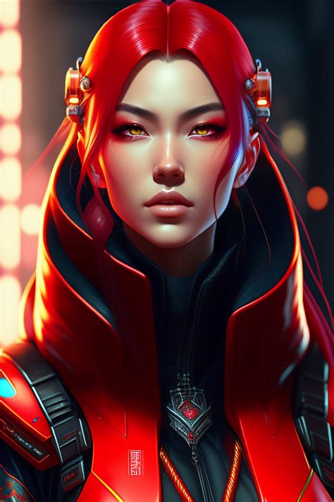 Lexica Right Facing Portrait Of A Cyberpunk Red Cyborg Ninja Third