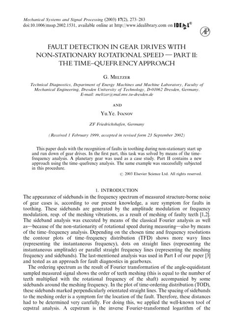 Pdf Fault Detection In Gear Drives With Non Stationary Rotational Speed Part Ii The Time