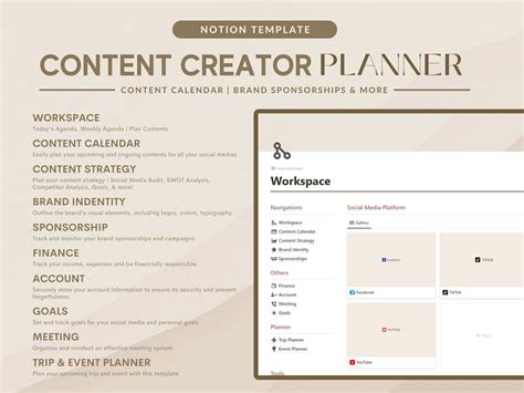 Content Creator Notion Template Social Media Planner Instagram Youtube Tiktok Facebook Planner