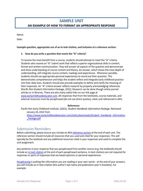 Sample Unit Response Pdf Apa Style Citation