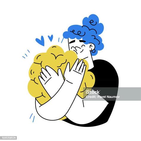 파란 머리를 가진 여성 캐릭터와 함께 자기 성장은 개인 개발 및 개선 벡터 일러스트레이션에 종사하는 그녀의 두뇌를 껴안고 있습니다 정신 건강에 대한 스톡 벡터 아트 및 기타