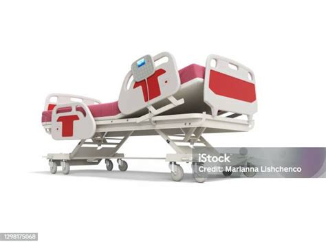 제어판 3d 렌더링에 리프팅 메커니즘이 있는 현대적인 빨간색 병원 침대가 그림자가 있는 흰색 배경에 렌더링 가방에 대한 스톡 사진 및 기타 이미지 Istock