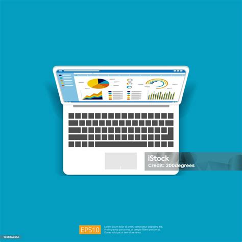 랩톱 화면 아이콘의 웹 통계 분석 차트입니다 평면 벡터 인포그래픽 동향 그래프 정보 보고서 개념 기획 및 회계 분석 감사 관리 마케팅 일러스트 0명에 대한 스톡 벡터 아트