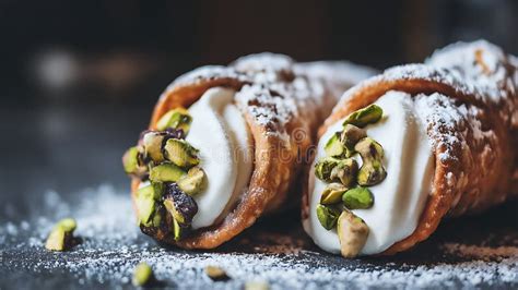Delicious Cannoli With Cream And Pistachios A Sweet Italian Treat Stock
