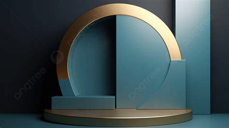 3d 렌더에서 기하학적 배경과 반원형 스탠드가 있는 현대적인 파란색과 금색 연단 수상 무대 둥근 연단 무대 연단 배경
