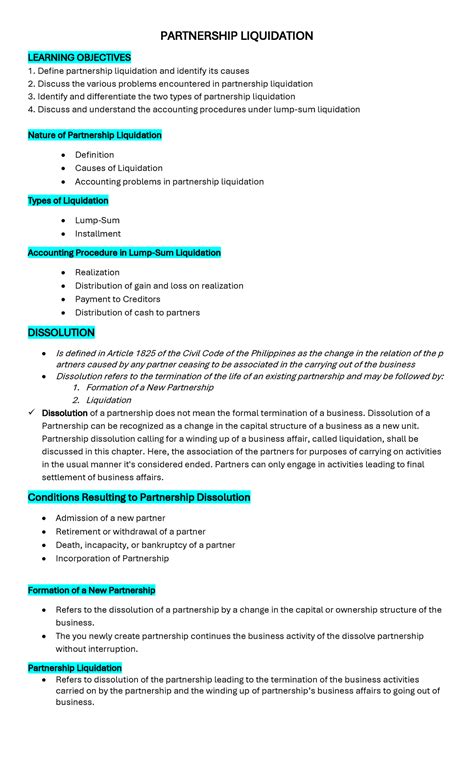 Partnership Lump Sum Liquidation Partnership Liquidation Learning Objectives Define