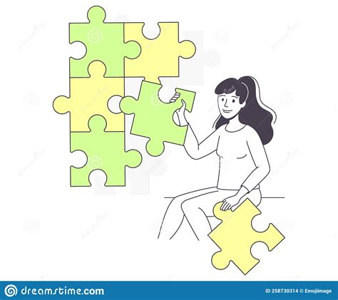 Woman Assembling Jigsaw Puzzle Connecting Mosaiced Pieces Together Vector Illustration Stock