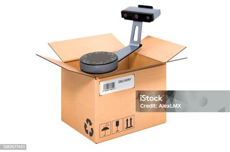 골판지 상자 내부의 3d 스캐너 배달 개념 흰색 배경에서 격리된 3d 렌더링 3d 스캔에 대한 스톡 사진 및 기타 이미지 3d 스캔 3차원 형태 개념 Istock
