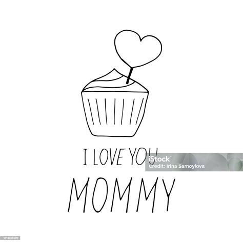 가슴과 글자를 곁들인 컵케이크나는 엄마를 사랑합니다 손으로 그린 낙서 스타일 카드 포스터 어머니의 날 생일을위한 템플릿 벡터 미니멀리즘 단색 음식 과자 휴일 가족에 대한