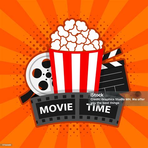 영화 시간 시네마 포스터 컨셉 벡터 일러스트레이션 팝콘 클래퍼 보드와 구성 영화관 배너 디자인 0명에 대한 스톡 벡터 아트 및