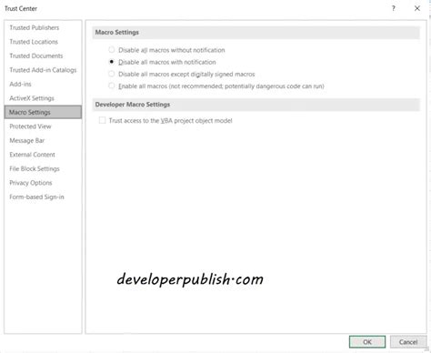 Macro Security Settings In Microsoft Excel Developer Publish