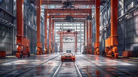 Industrial Scene With Computer Generated Double Girder Gantry Cranes Working In The Background