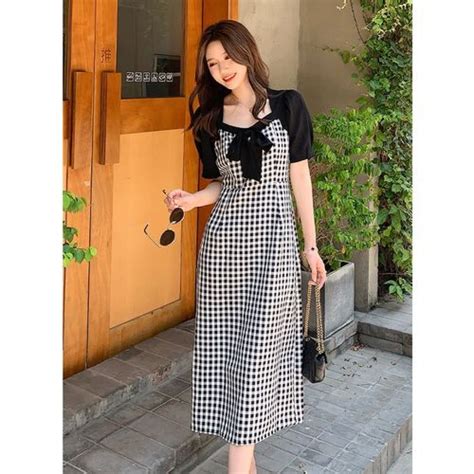 고방체크 스퀘어넥 리본 퍼프 배색 하이웨스트 플레어 여름 롱원피스 검정 블루 하객룩