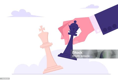 비즈니스 전략 블랙 킹 틸팅 화이트 킹 체스 조각 전투 개념 계획 및 관리 성공 체크메이트 또는 비즈니스 손실에서 승리 만화 플랫 벡터 일러스트 개념에 대한 스톡 벡터 아트