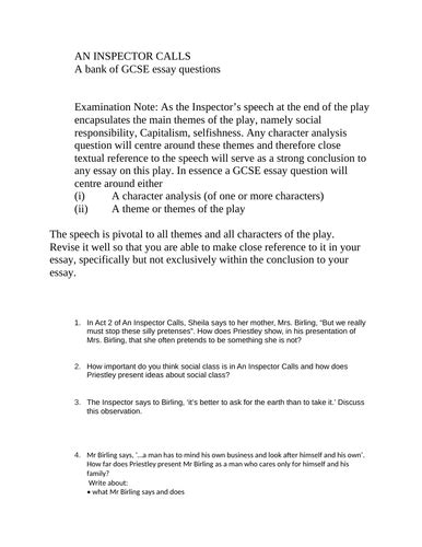 Gcse English Literature Essay Questions An Inspector Calls Teaching Resources