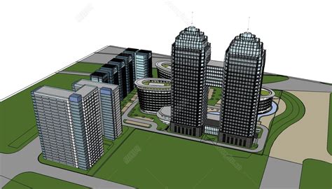 现代双子大楼商业区规划免费su模型下载、双子大楼商业区规划草图大师模型下载 Sketchup网