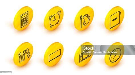 라인 시계 키보드와 마우스가있는 컴퓨터 모니터 칠판 종이 클립 노트북 페인트 브러시 팔레트 알람 시계 및 계산기 아이콘을 설정합니다 벡터 3차원 형태에 대한 스톡 벡터 아트