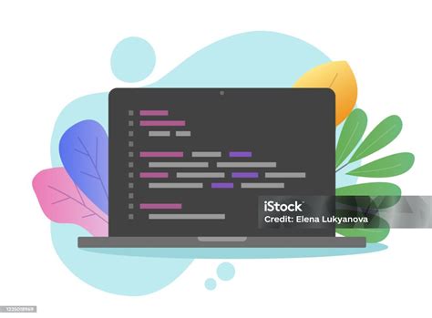 프로그래밍 자바 스크립트 또는 노트북 컴퓨터 화면에 Html 코드 또는 Pc 벡터 평면 만화에 Php 스크립트코딩 디스플레이